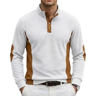Generic Polo en velours c&ocirc;tel&eacute; d&eacute;contract&eacute; &agrave; manches longues et col montant boutonn&eacute; Henley pour homme, blanc, 3XL
