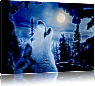 Pixxprint Heulender Wolf im Mondlicht Neon Lights Effekt, Größe: 60x40cm, Leinwandbild, fertig gespannt, Wandbild, Dekoration, Kunstdruck, kein Poster