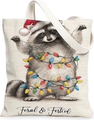 Generic Sacs fourre-tout r&eacute;utilisables en toile de raton laveur, motif animal mignon, sacs d&eacute;picerie vintage, l&eacute;gers et lavables pour les voyages, beige, 13x1