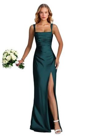 Generic Robe de demoiselle dhonneur en satin pour femme - Robe de bal sir&egrave;ne - Bretelles spaghetti - Corset long pliss&eacute; - Robe de soir&eacute;e formelle avec fente, 