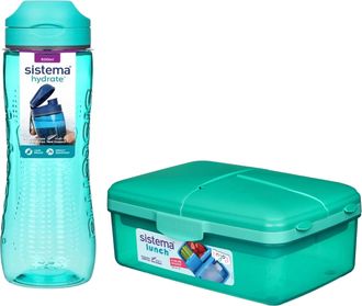 Sistema Lunchbox 1,5L Quaddie - Teal + Trinkflasche 800ml Tritan Active Minty Teal | BPA-frei Set