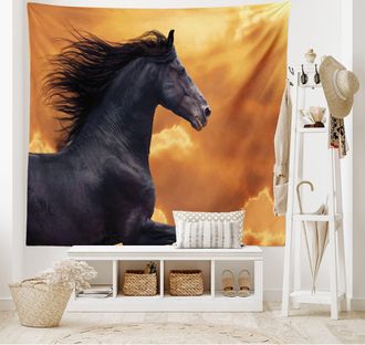 Abakuhaus Natur Wandteppich und Tagesdecke, Galloping Friese aus Weiches Mikrofaser Stoff Waschbar ohne Verblassen Digitaldruck, 230 x 140 cm, Schwarz Orange
