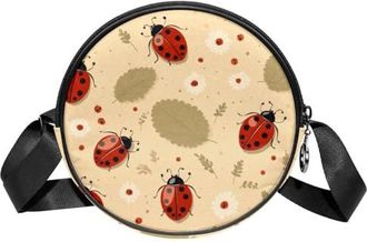 Generic Sac &agrave; bandouli&egrave;re rond pour femme, motif coccinelles, fleurs, petit sac &agrave; bandouli&egrave;re avec fermeture &eacute;clair, bretelles r&eacute;glables, sac &agrave; main rond d&eacute;co
