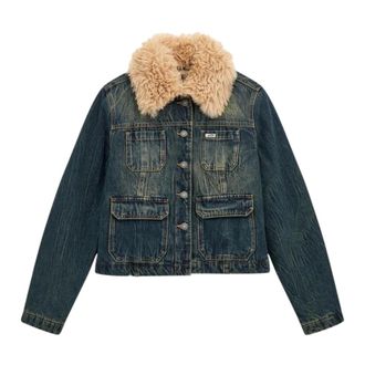 Guess Femme, Vestes, Bleu, Taille: 36 FR Veste en jean avec col en fausse fourrure amovible