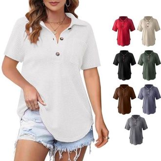 Generic Tunique Henley &agrave; manches courtes en tricot gaufr&eacute; pour femme, manches courtes, col en V, couleur unie, tunique d&eacute;contract&eacute;e 2025, ecru, XXL