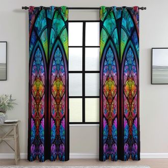 Generic Blickdichte Gardinen Cartoon Buntglas Muster, Verdunkelungsvorhänge bedrucktes Bunt Deko für Schlafzimmer Wohnzimmer, Vorhänge Geräuschreduzierung H 1