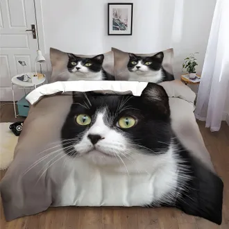 Generic Tier Schwarz-Weiße Katze Bettwäsche 180x200 cm Schwarz Und Weiß Bettwäsche Weiche Mikrofaser Allergiker 3 Teilig Bettbezug mit Reißverschluss für Teen