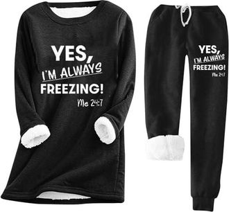 Generic Surv&ecirc;tement doubl&eacute; en polaire pour femme, imprim&eacute; lettres, col ras du cou, haut chaud dhiver, jogging, tenue 2 pi&egrave;ces, surv&ecirc;tements (Black, XXL)