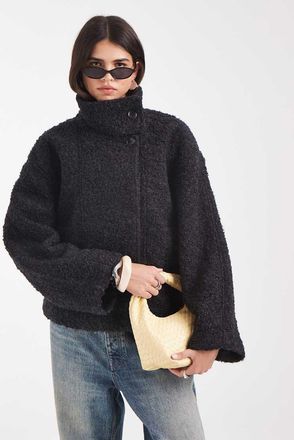Object manteau court en m&eacute;lange de laine &agrave; col chemin&eacute;e imitation peau de mouton gris fonc&eacute;