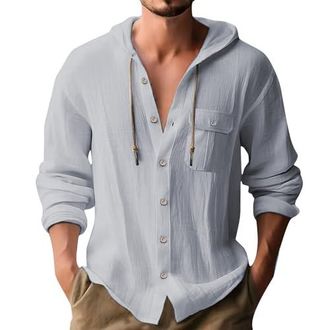 Generic Chemise en lin pour homme, chemise &agrave; manches longues, chemise &agrave; capuche, chemise boutonn&eacute;e, couleur unie, haut de sport, l&eacute;ger, haut d&eacute;t&eacute; et de plage,