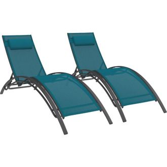 IDMarket Lot de 2 transats de jardin inclinables en acier HAVANE toile bleu canard avec coussin
