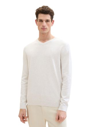 Tom Tailor Herren Basic Pullover mit V-Ausschnitt aus Baumwolle, 13174 - Soft Vanilla Melange, XXL