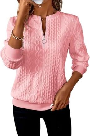 Generic Sweat-shirt matelass&eacute; &agrave; demi-fermeture &eacute;clair pour femme, col rond, manches longues, haut textur&eacute;, solide, tendance, pour adolescent, rose, XXL