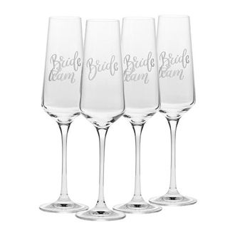 Krosno Champagner- & Prosecco-Gl&auml;ser Bride & Team Bride 180 ml - 4er Set - Handgefertigt - Kristallglas - Wei&szlig; Matt Verziert - F&uuml;r Junggesellinnenabschied & 