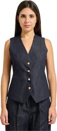 Yes-Zee YES Zee, Femme, Vestes, Bleu, Taille: 40 FR Gilet avec 4 Boutons et Large Encolure
