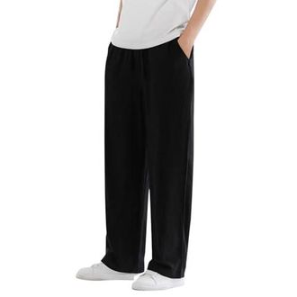 Generic Pantalon en lin pour homme - Taille &eacute;lastique - Cordon de serrage - Pantalon d&eacute;contract&eacute; - Jambe droite - Pantalon baggy l&eacute;ger - Pantalon de jogging d