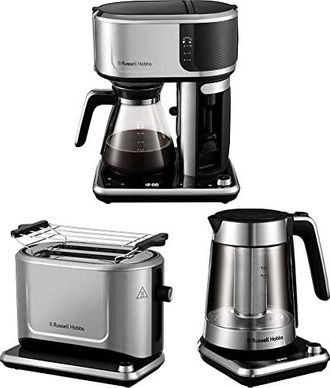 Russell Hobbs Frühstücksset: Glas Kaffeemaschine (Barista: Cold Brew-Funktion, Milchaufschäumer) + Toaster (egal welches Brot) + Wasserkocher Glas (Temperatureinste