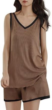 Generic Pyjama Femme Coton Ensemble Ete Pantacourt Satin Réglable Manches Courtes Vêtements de Nuit Ice Silk Pyjashort Short Rayé Ou Doux Confortable