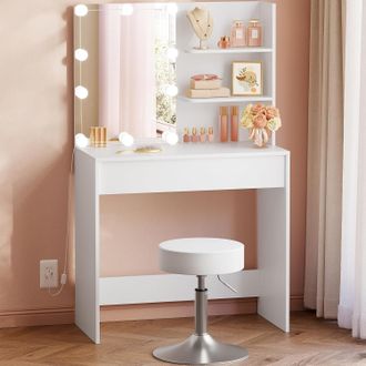 Woltu Schminktisch mit Spiegel und Hocker, LED Beleuchtung, Schminkhocker Stuhl höhenverstellbar drehbar, Frisiertisch mit Schublade und offene Ablagen, Hol
