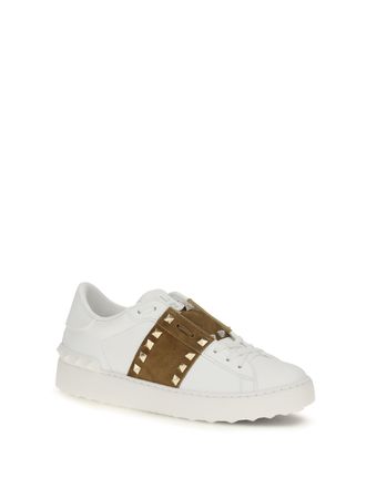 Valentino Garavani Womens Rockstud Untitled Sneakers With Suede Band Bianco-Havana Beige-Bianco Bianco/havana Beige/bianco