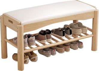 Generic 2-stöckige Schuhregalbank Mit Kissen - Eingangsbank Aus Massivholz for Haustür, Flur(Natural,60cm/23.6)