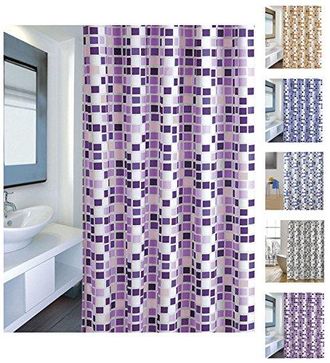 MSV Cotexsa by 142101 Anti-Schimmel Textil Duschvorhang - Anti-Bakteriell mit 12 Duschvorhangringen Mosaik Violett 180x200cm