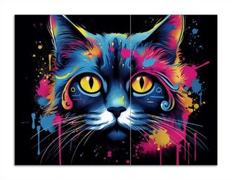 Wallario Herdabdeckplatte/Spritzschutz aus Glas, 2-teilig, 70x52cm mit 13 mm hohen Füßen, für Ceran- und Induktionsherde, Katze im Farbrausch