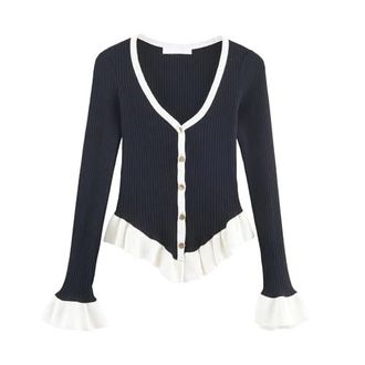 Generic Pull r&eacute;tro &agrave; col en V contrast&eacute; &agrave; manches longues en tricot cor&eacute;en pour femme, noir, Taille XS