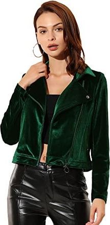 Allegra K Veste de motard en velours pour femmes avec col à revers et fermeture à glissière Vert L