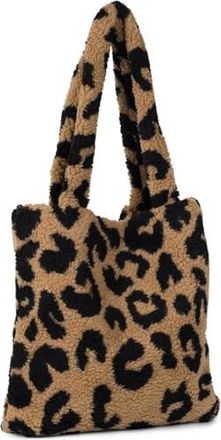 styleBREAKER Sac pochette pour femme en peluche avec motif léopard - Sac à bandoulière stylé avec larges anses, imprimé animalier 02012410, couleur:Marron-noir