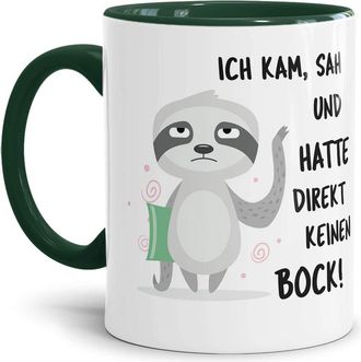 Tassendruck Faultier Tasse mit Spruch - Kein Bock - Bürotasse/witzige Spruchtasse/Kaffeetasse lustig - Innen & Henkel Dunkelgrün