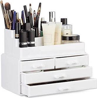 Relaxdays Organisateur cosmétiques 2 parties boîte rangement 4 tiroirs maquillage Make up, blanc