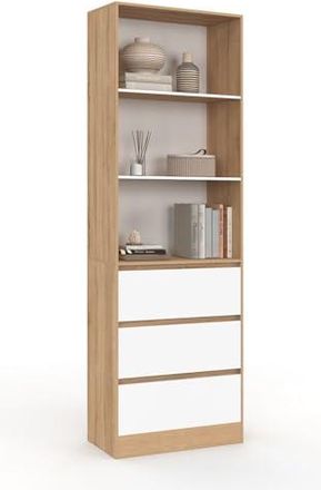 IDMarket Etag&egrave;re biblioth&egrave;que Carla 3 Niveaux 3 tiroirs Blanc et Effet Bois 190 cm