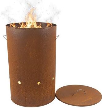 Relaxdays Feuertonne, Cortenstahl, Rostoptik, HxD: 60 x 38,5 cm, Industrial Feuerschale mit Deckel, Garten, rotbraun