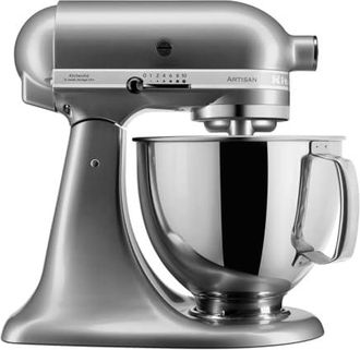 KitchenAid Robot Pâtissier - Artisan - Robot cuisine multifonctions à tête inclinable - Batteur avec 5 accessoires et 2 bols inox de 4,8 et 3 L - Gris argent