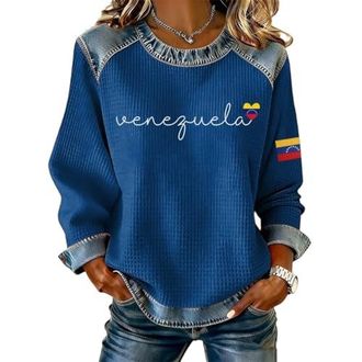 Generic Venezuela - Sweat-shirt gaufr&eacute; imprim&eacute; vintage pour femme - Denim patchwork - Pull &agrave; manches longues - D&eacute;contract&eacute; - Haut en jean, bleu, 3XL