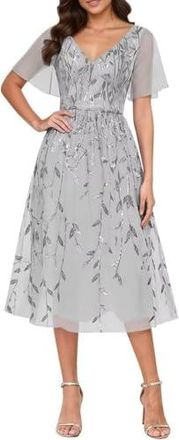 Generic Robe de soir&eacute;e formelle en tulle &agrave; paillettes pour femme Longueur th&eacute; M&egrave;re de la mari&eacute;e, Argent&eacute;., 48 Grande taille