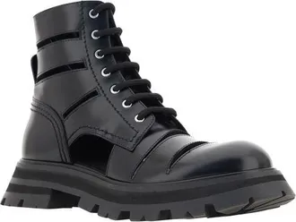 Alexander McQueen Womens Black Calf Leather Bos Taurus Lace-Up Boots