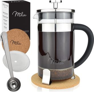 Milu French Press Kaffeebereiter | 350ml, 600ml, 1L | Glas Kaffeepresse, Kaffeezubereiter für Zuhause Reisen Camping inkl. Untersetzer, Löffel, Ersatzfilte