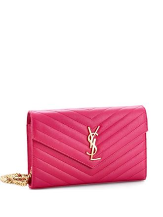 Saint Laurent sac &agrave; bandouli&egrave;re Classic Monogram Wallet on Chain Matelasse Chevron en cuir m&eacute;dium - Rose