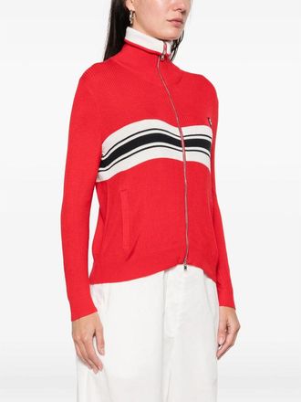 adidas Striped Ribbed Knit Zip Sweatshirt - Red