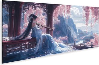 Islandburner Prime Bild auf Leinwand Japanische Frau spielt Instrument unter blühenden Kirschbäumen mit Bergkulisse Bilder Wandbilder Poster