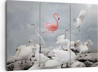 Arttor Bilder auf Leinwand 165x110cm Leinwandbild Flamingo Schwan Fantasie Groß XXL Wanddeko Bild Schlafzimmer Set 3 teilige Wandbilder Dekoration Wohnzimmer