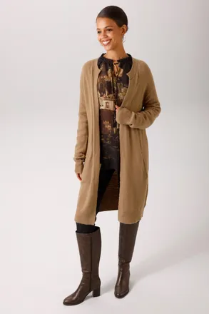 Aniston Strickjacke ANISTON CASUAL, Damen, Gr. 34, camelfarben, Feinstrick, Obermaterial: 74% Polyacryl, 23% Polyamid, 3% Elasthan, unifarben, figurumspielend