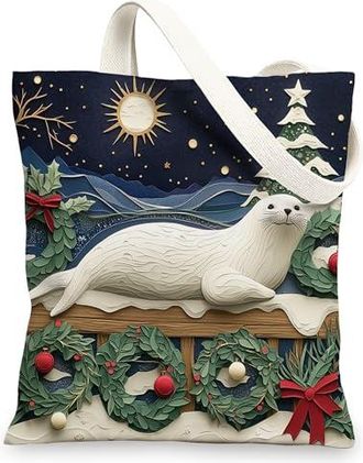 Generic Sac fourre-tout en toile motif phoque de No&euml;l pour faire du shopping, 33 x 38,1 cm, motif for&ecirc;t enneig&eacute;e, sac d&eacute;picerie r&eacute;utilisable pour femme, peint