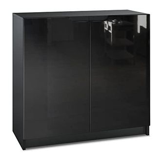 Vladon Buffet Logan, Commode avec 2 Portes, Noir Mat/Noir Haute Brillance (82 x 78 x 37 cm)