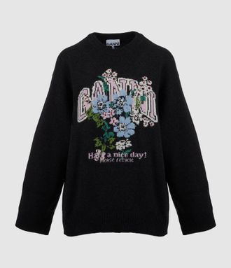 Ganni Pull Graphic Wool Flowers Phantom