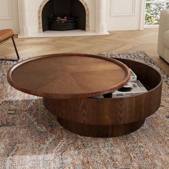 Generic Runder Couchtisch mit Stauraum, moderner, handgefertigter, geriffelter runder Couchtisch mit massivem, furniertem und stabilem Sockel, f&uuml;r Wohnzimmer,