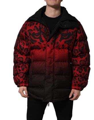 Dolce & Gabbana Mens Red Black Reversible Animal Print Puffer Coat Jacket Polyester Clothing