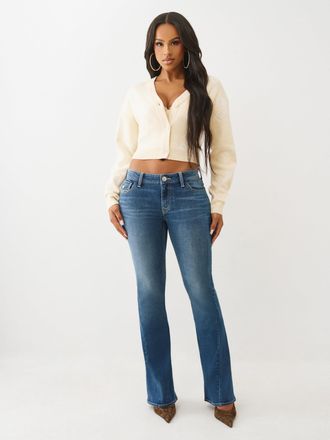 True Religion Damen Joey Single Needle Mid Rise Flap Flare Jeans, Mittlere Mistelzweig-Waschung, 33W